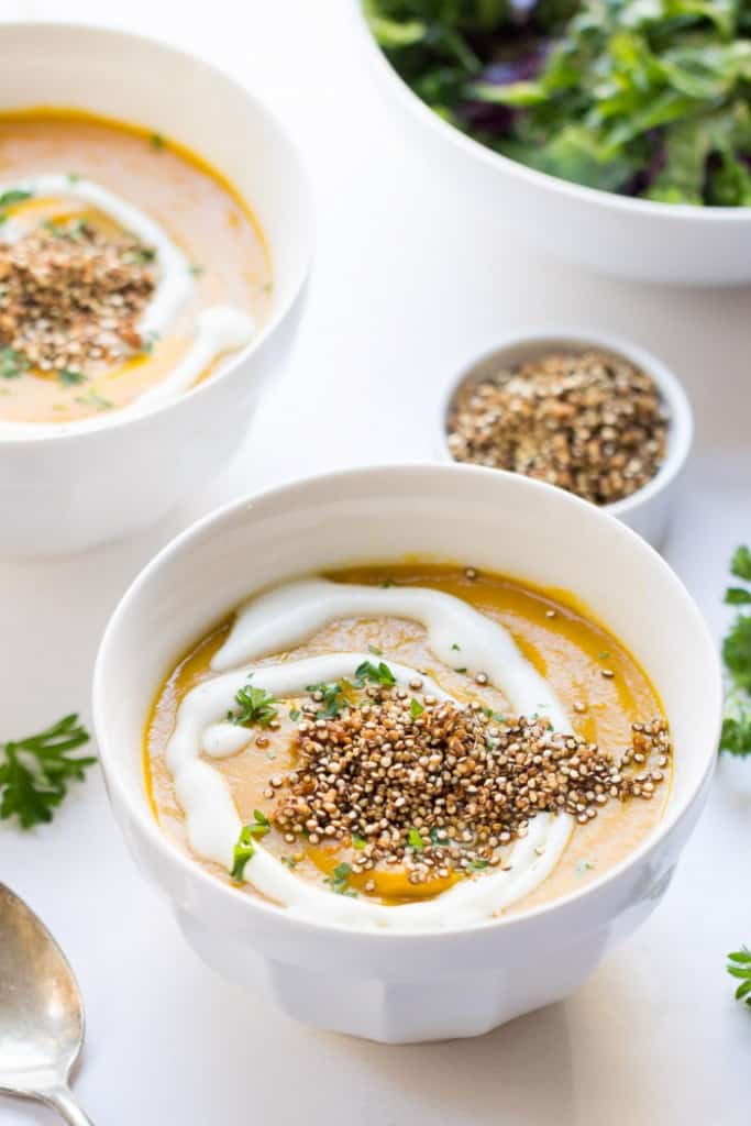 Gingered Carrot Bisque with Crispy Garlic Quinoa - Simply Quinoa